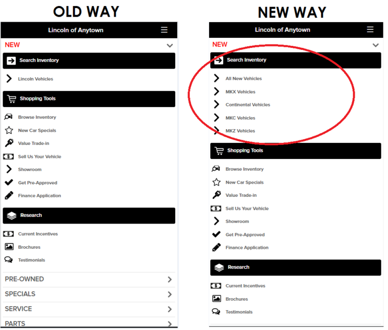 New Vehicle Mobile Menus - Home